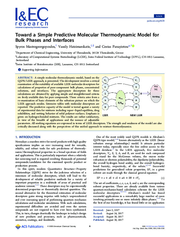 (PDF) Toward a Simple Predictive Molecular Thermodynamic Model for Bulk Phases and Interfaces
