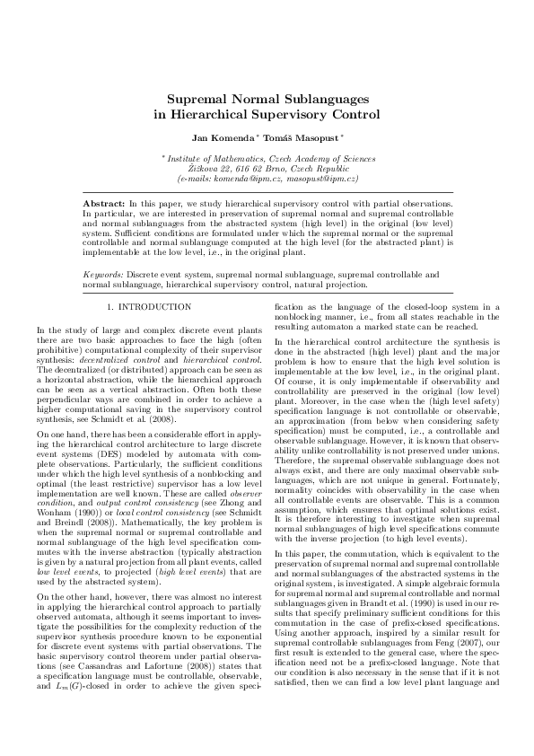 (PDF) Supremal Normal Sublanguages in Hierarchical Supervisory Control