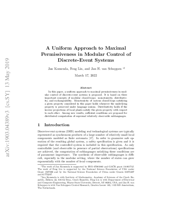(PDF) A Uniform Approach to Maximal Permissiveness in Modular Control of Discrete-Event Systems