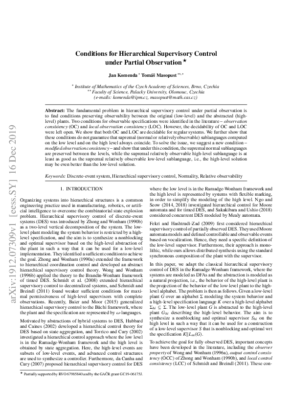 Pdf Conditions For Hierarchical Supervisory Control Under Partial Observation