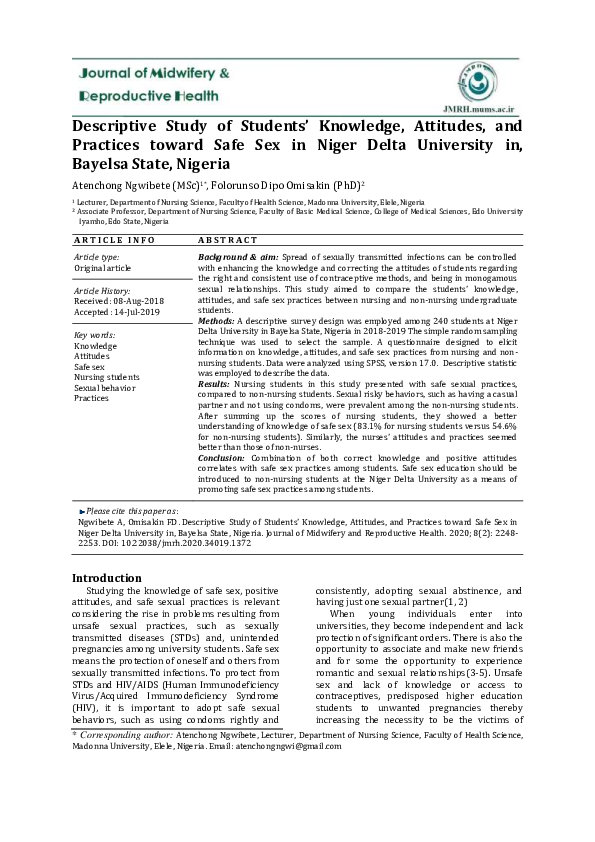 (PDF) Descriptive Study of Students’ Knowledge, Attitudes, and Practices toward Safe Sex in ...