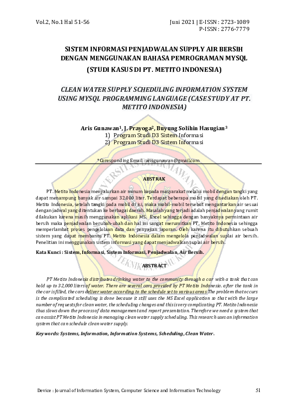 (PDF) Sistem Informasi Penjadwalan Supply Air Bersih Dengan Menggunakan ...