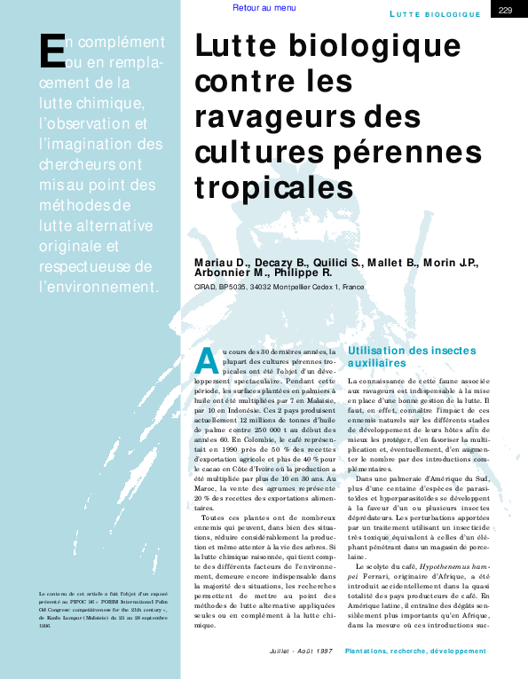 (PDF) Lutte biologique contre les ravageurs des cultures pérennes ...