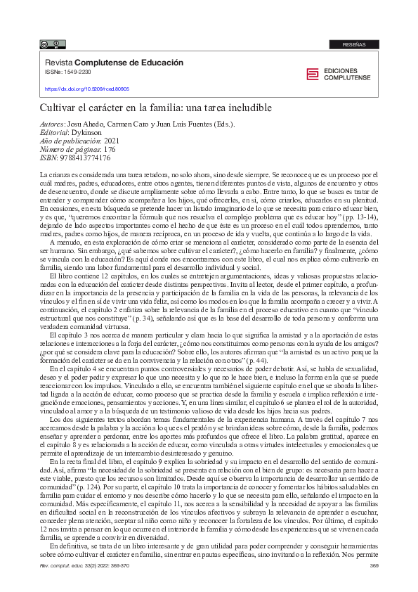 (PDF) Cultivar el carácter en la familia: una tarea ineludible