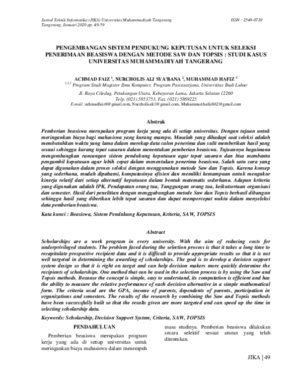 (PDF) Pengembangan Sistem Pendukung Keputusan Untuk Seleksi Penerimaan Beasiswa Dengan Metode ...