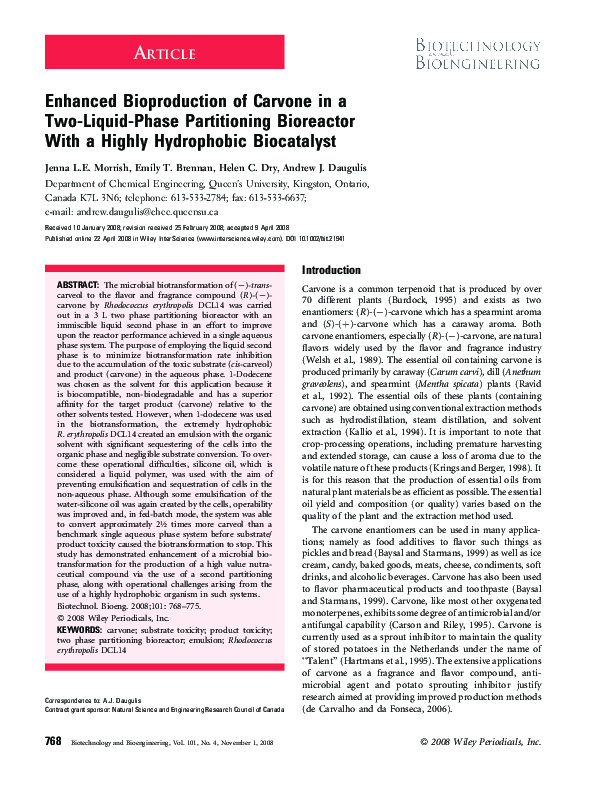 (PDF) Enhanced bioproduction of carvone in a two-liquid-phase ...