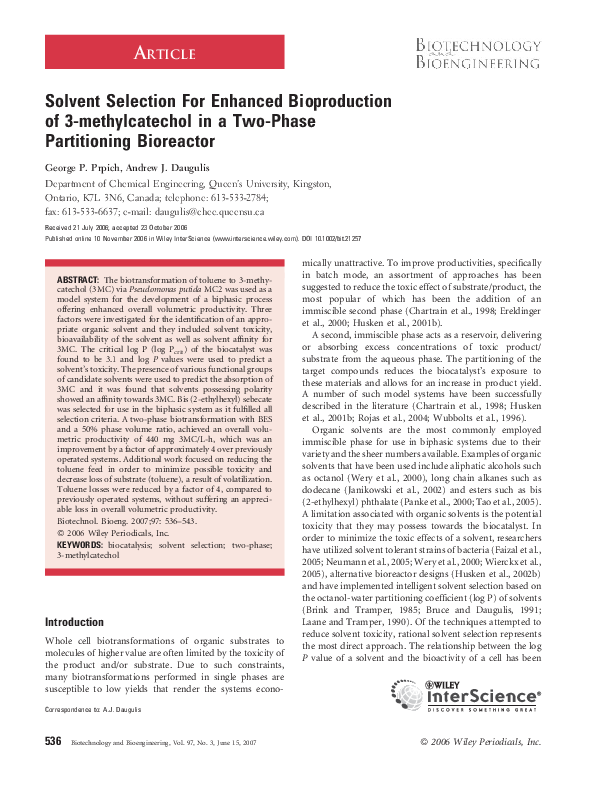 (PDF) Solvent selection for enhanced bioproduction of 3-methylcatechol ...
