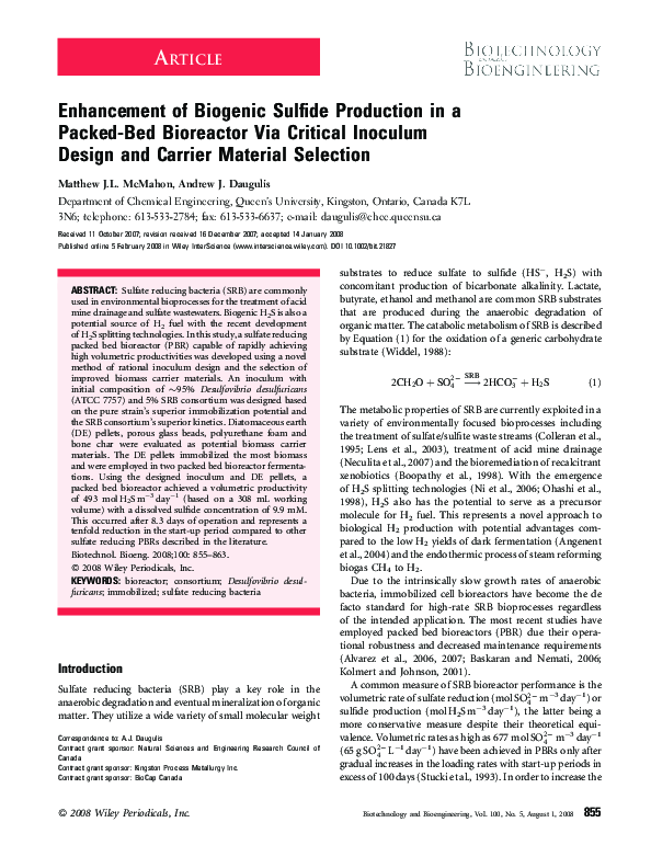 (PDF) Enhancement of biogenic sulfide production in a packed-bed ...