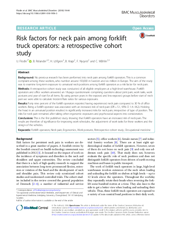 (PDF) Risk factors for neck pain among forklift truck operators: a ...