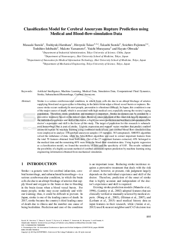 (PDF) Classification Model for Cerebral Aneurysm Rupture Prediction using Medical and Blood-flow ...
