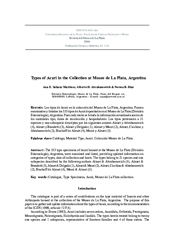 (PDF) Types of Acari in the Collection at Museo de La Plata, Argentina