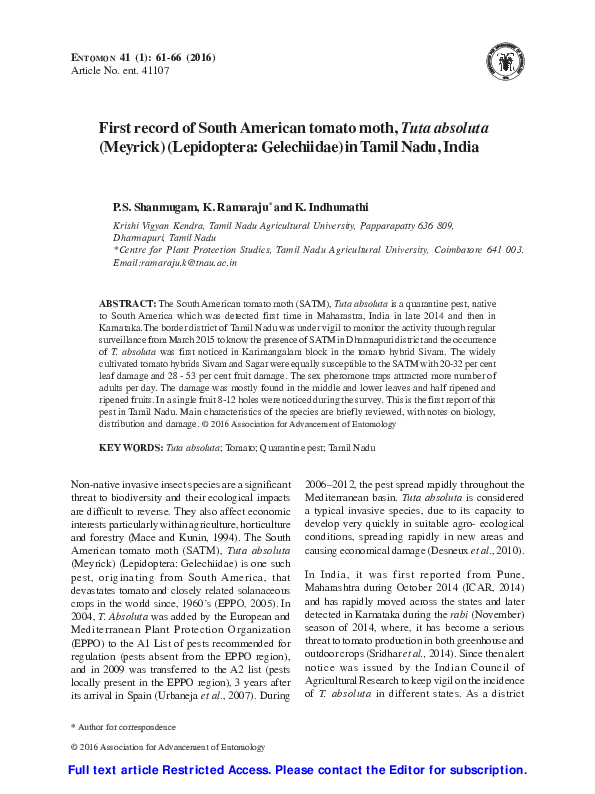 (PDF) First record of South American tomato moth, Tuta absoluta (Meyrick) (Lepidoptera ...
