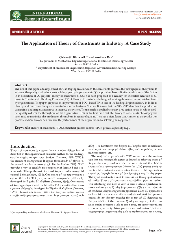 (PDF) The Application of Theory of Constraints in Industry: A Case Study