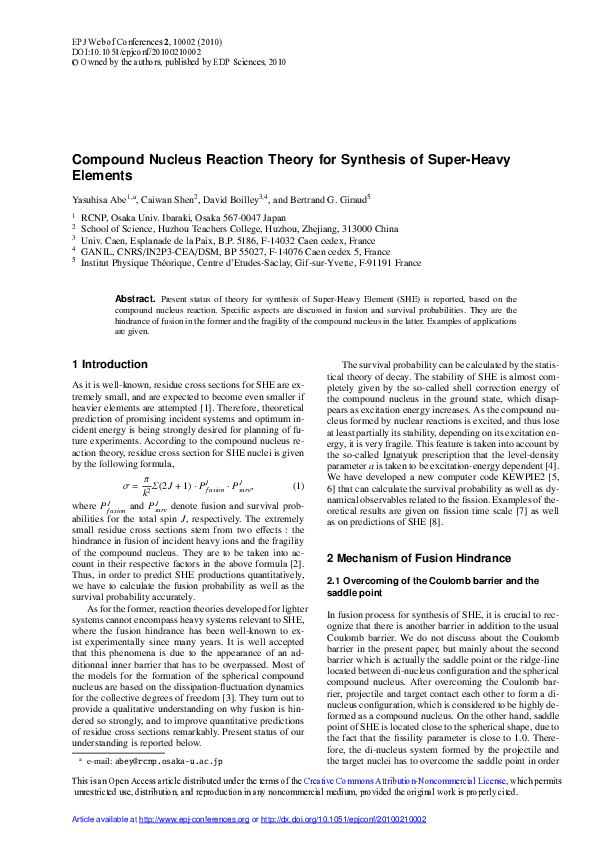 (PDF) Compound Nucleus Reaction Theory for Synthesis of Super-Heavy ...