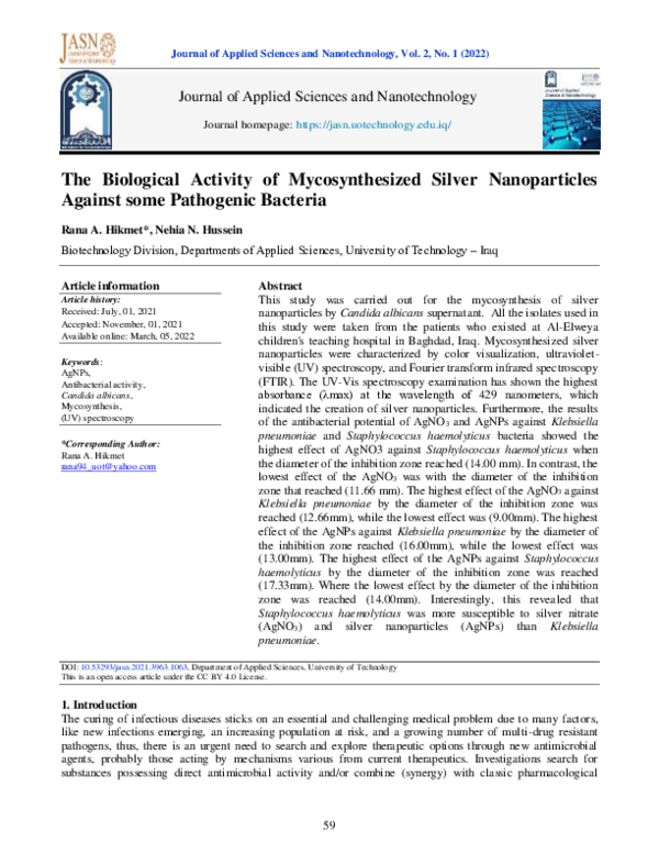 (PDF) The Biological Activity of Mycosynthesized Silver Nanoparticles Against some Pathogenic ...