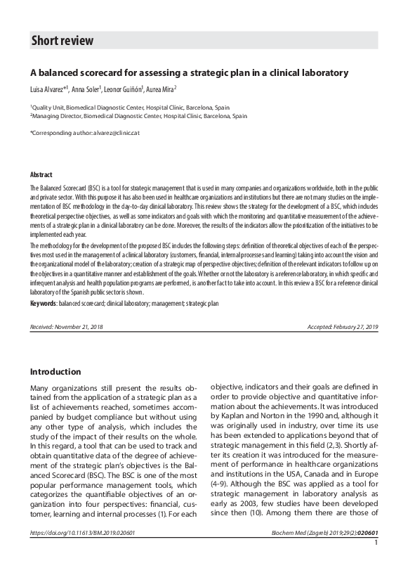 (PDF) A balanced scorecard for assessing a strategic plan in a clinical ...