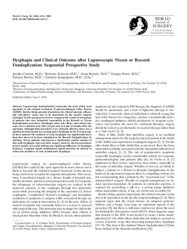 (PDF) Dysphagia and Clinical Outcome after Laparoscopic Nissen or ...