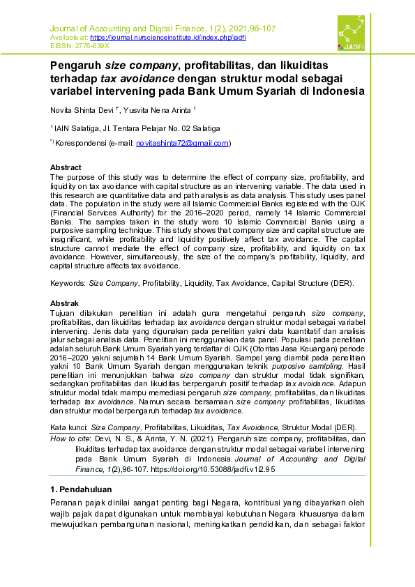 (PDF) Pengaruh size company, profitabilitas, dan likuiditas terhadap tax avoidance dengan ...