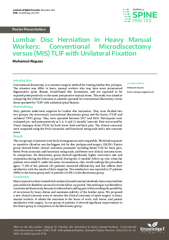 (PDF) Lumbar Disc Herniation in Heavy Manual Workers: Conventional ...
