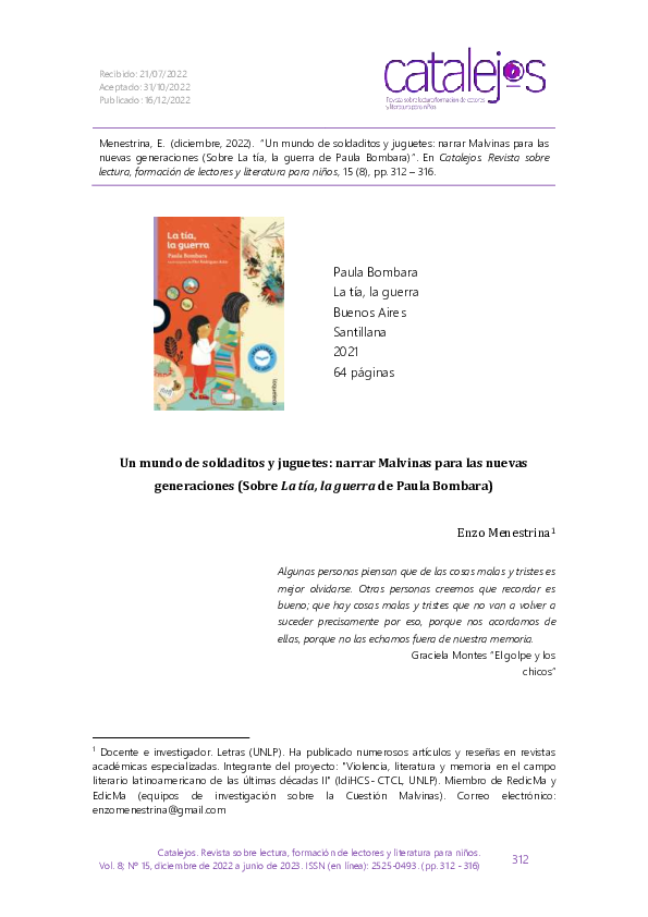 (PDF) Menestrina, Enzo (2022) Reseña La tía, la guerra de Paula Bombara ...