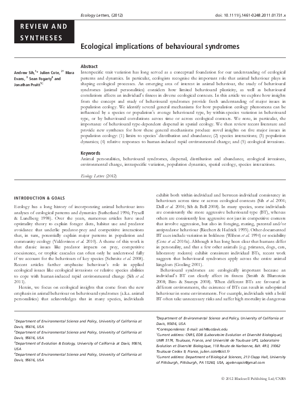 (PDF) Ecological implications of behavioural syndromes