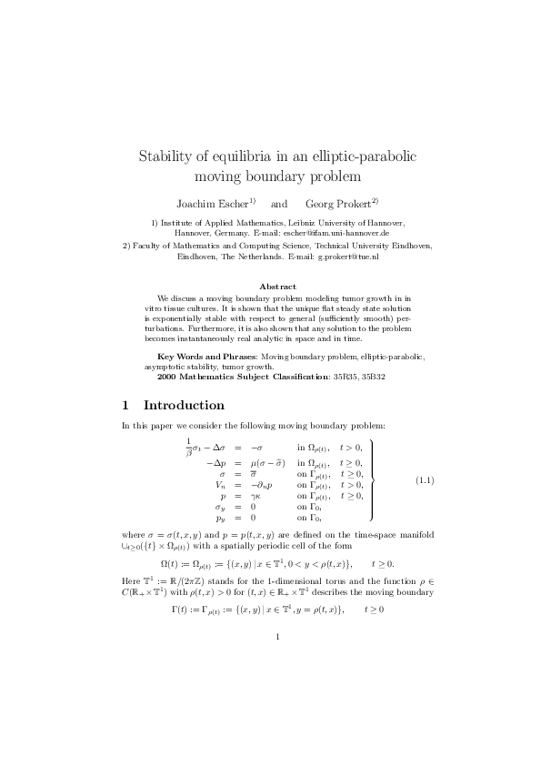 (PDF) Stability of equilibria in an elliptic-parabolic moving boundary problem