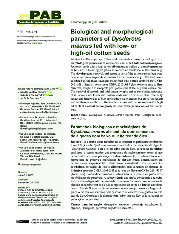 (PDF) Parâmetros biológicos e morfológicos de Dysdercus maurus ...