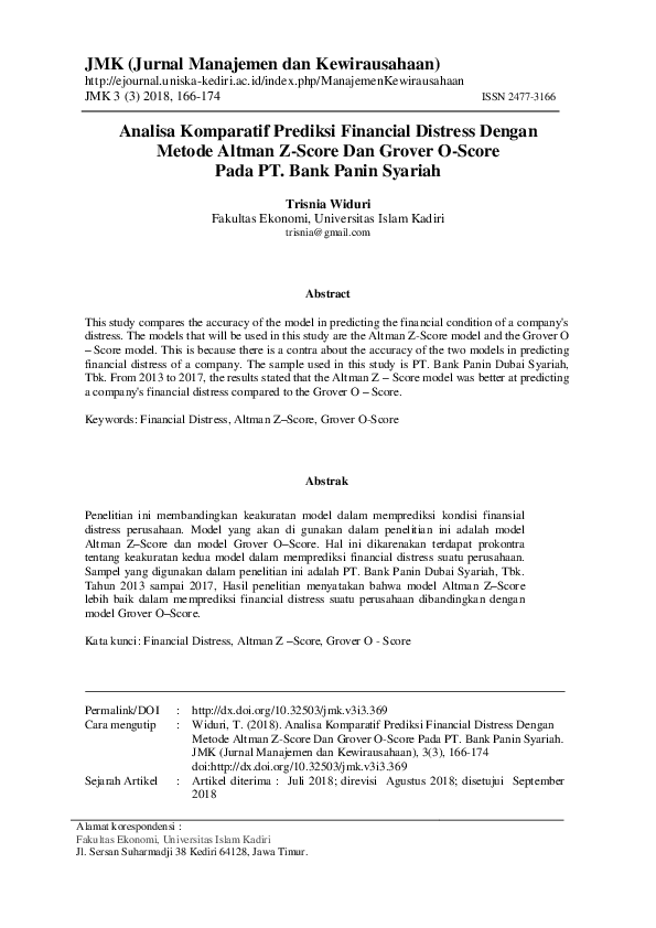 (PDF) Analisa Komparatif Prediksi Financial Distress Dengan Metode ...