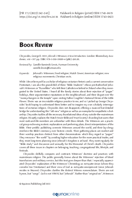 (PDF) Chryssides, George D. 2022. Jehovah’s Witnesses: A New Introduction | Camille Lewis ...