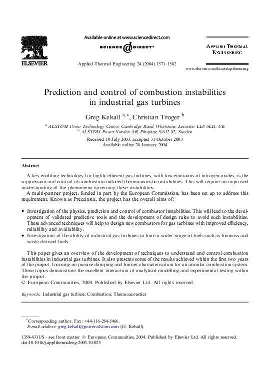(PDF) Prediction and control of combustion instabilities in industrial ...