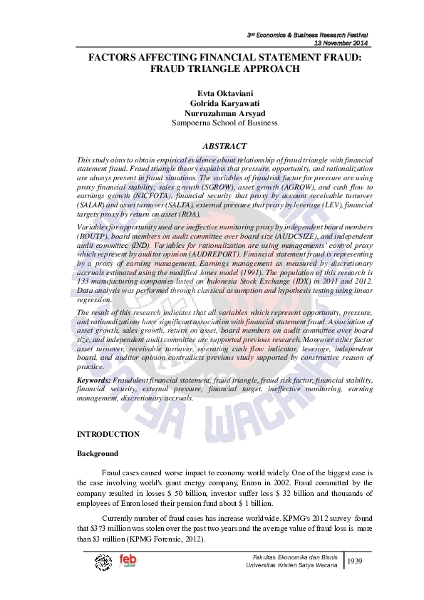 (PDF) Factors Affecting Financial Statement Fraud: Fraud Triangle Approach