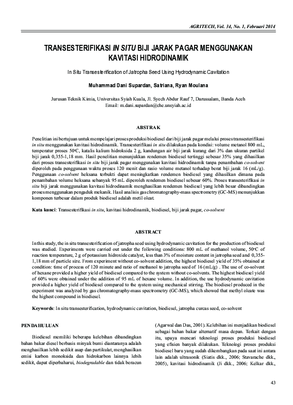 (PDF) Transesterifikasi In Situ Biji Jarak Pagar Menggunakan Kavitasi ...