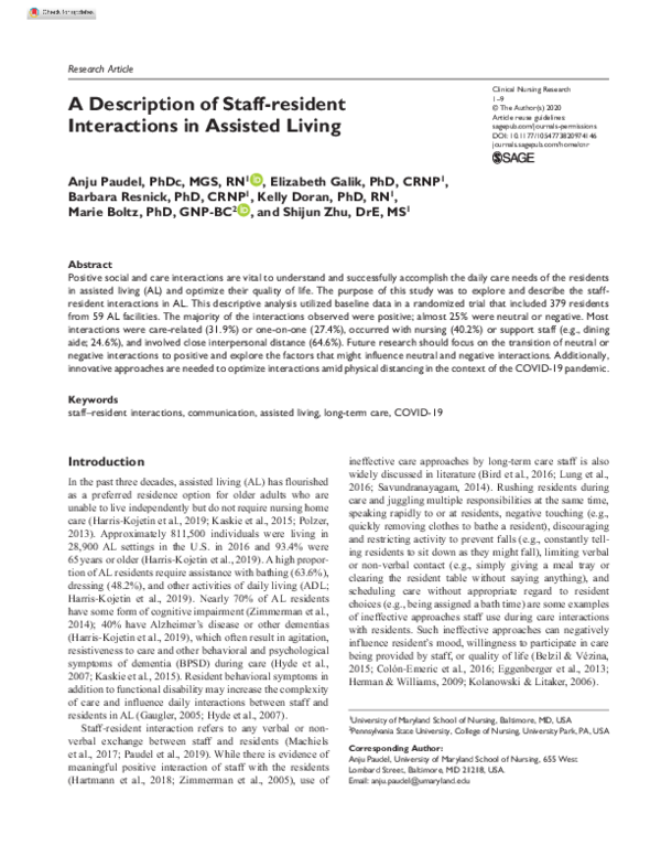 (PDF) A Description of Staff-resident Interactions in Assisted Living