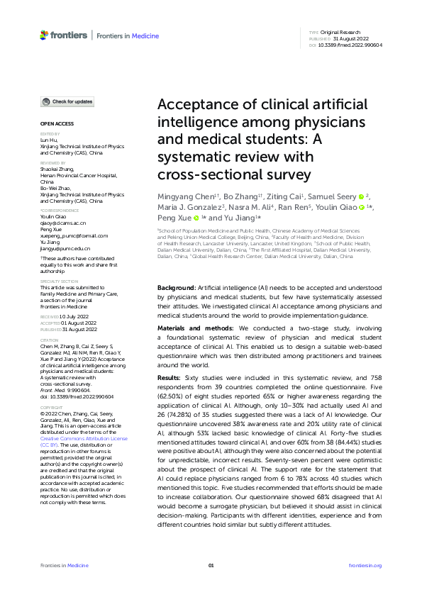 (PDF) Acceptance of clinical artificial intelligence among physicians and medical students: A ...