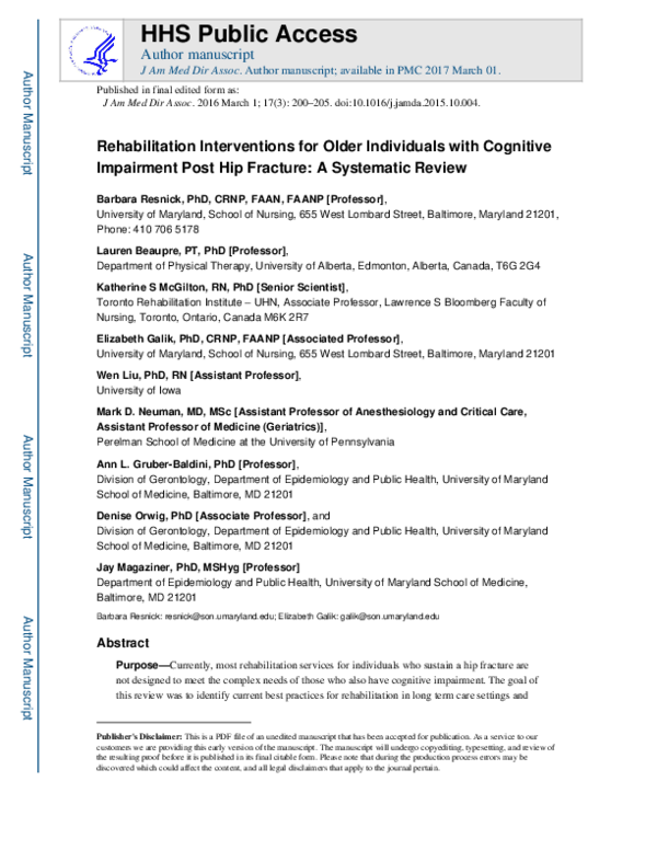 (PDF) Rehabilitation Interventions for Older Individuals With Cognitive Impairment Post-Hip ...