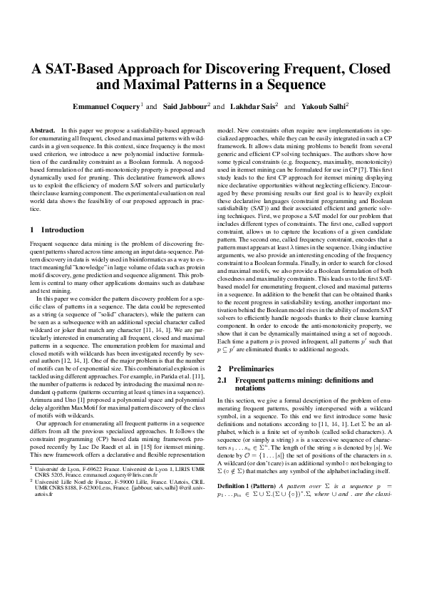 (PDF) A SAT-Based Approach for Discovering Frequent, Closed and Maximal Patterns in a Sequence