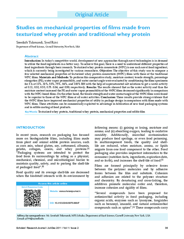 (PDF) Studies on mechanical properties of films made from texturized ...