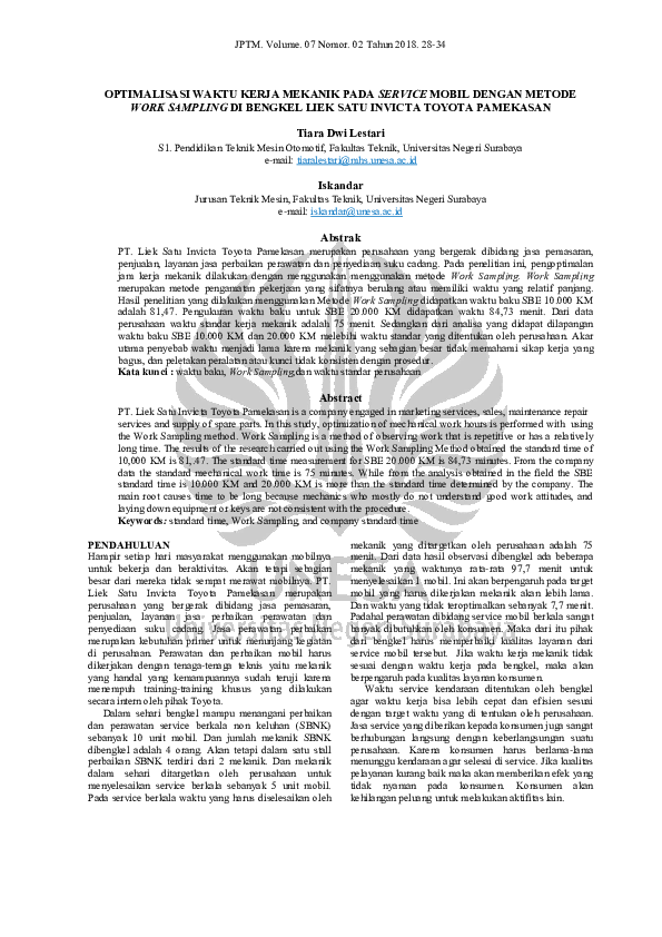 (PDF) Optimalisasi Waktu Kerja Mekanik Pada Service Mobil Dengan Metode ...