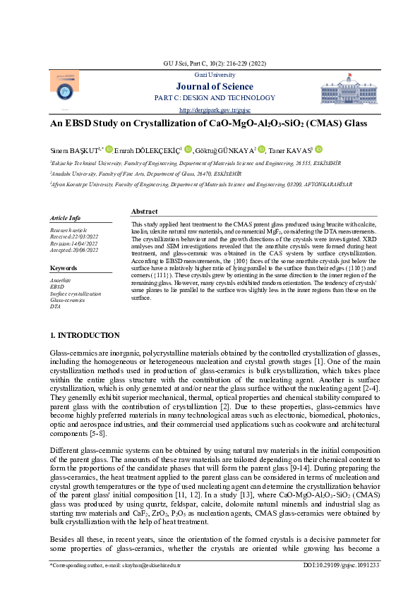 (PDF) An EBSD Study on Crystallization of CaO-MgO-Al2O3-SiO2 (CMAS) Glass