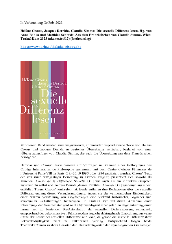 (PDF) Hélène Cixous, Jacques Derrida, Claudia Simma: Die sexuelle ...