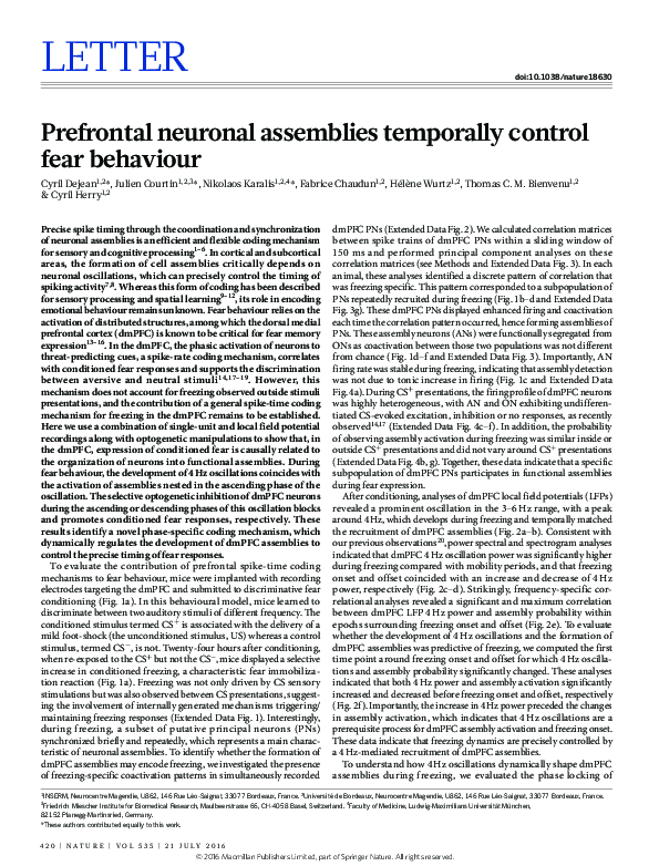 (PDF) Prefrontal neuronal assemblies temporally control fear behaviour