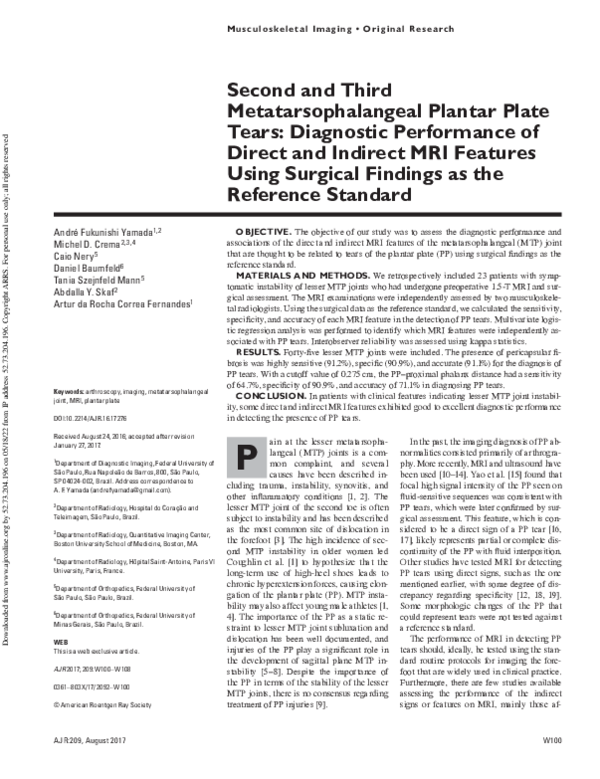 Pdf Second And Third Metatarsophalangeal Plantar Plate Tears