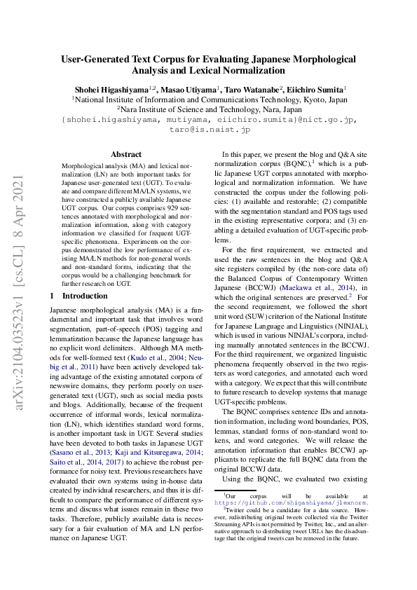 Pdf User Generated Text Corpus For Evaluating Japanese Morphological Analysis And Lexical