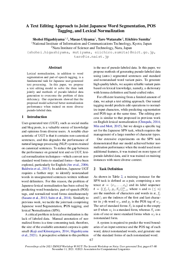 (PDF) A Text Editing Approach to Joint Japanese Word Segmentation, POS ...
