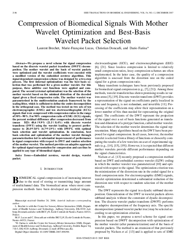 (PDF) Compression of Biomedical Signals With Mother Wavelet Optimization and Best-Basis Wavelet ...