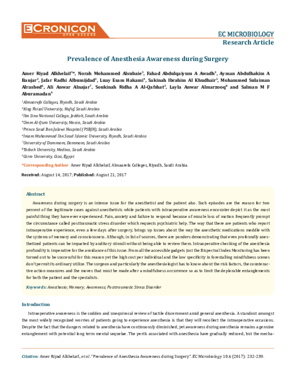 (PDF) Prevalence of Anesthesia Awareness during Surgery
