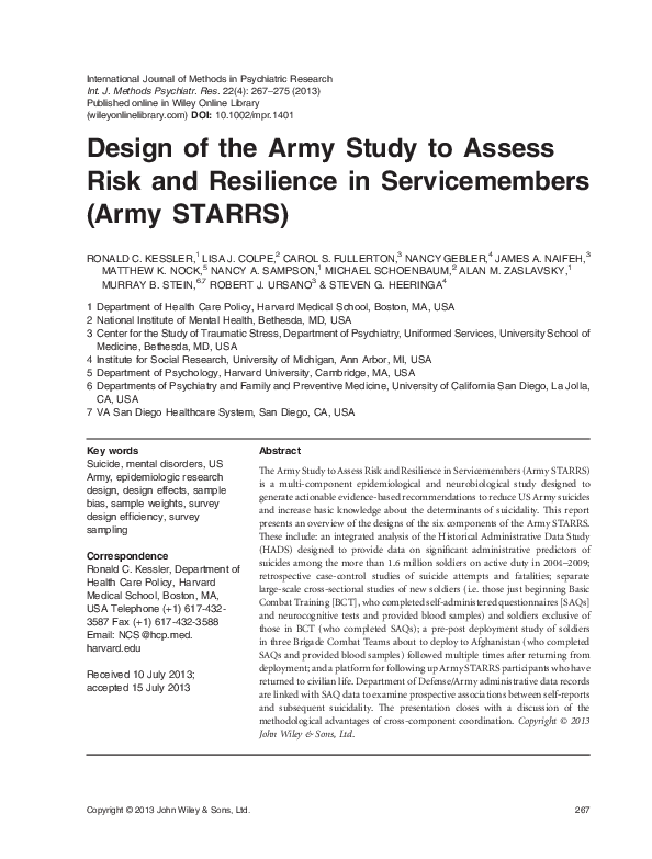 (PDF) Design of the Army Study to Assess Risk and Resilience in ...