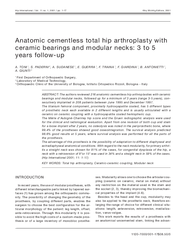 (PDF) Anatomic Cementless Total Hip Arthroplasty with Ceramic Bearings ...