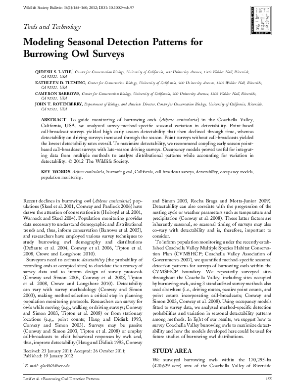(PDF) Modeling seasonal detection patterns for burrowing owl surveys