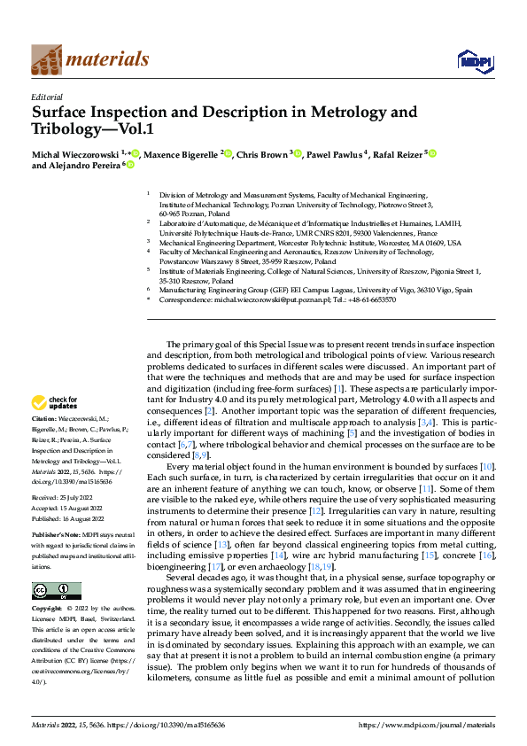 (PDF) Surface Inspection and Description in Metrology and Tribology—Vol.1